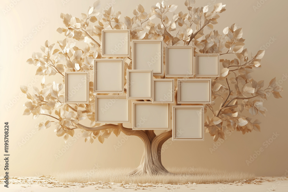3d beige genealogical family tree template with blank empty cells on ...