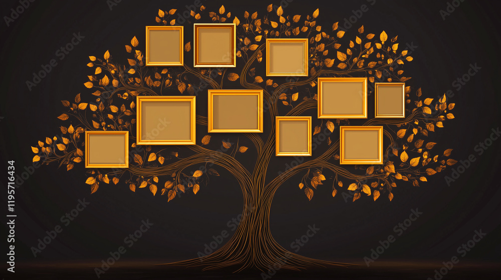 dark background, tree with glowing leaves and frames for photos or icons, family tree, genealogy ...
