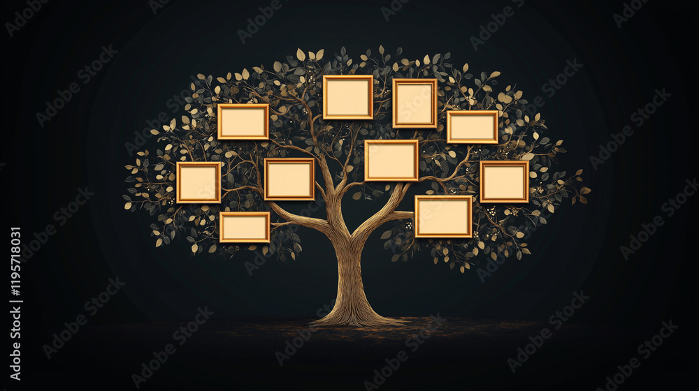 dark background, tree with glowing leaves and frames for photos or icons, family tree, genealogy ...
