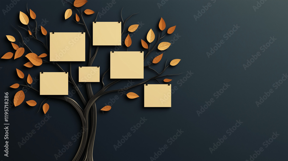 dark background, tree with glowing leaves and frames for photos or icons, family tree, genealogy ...