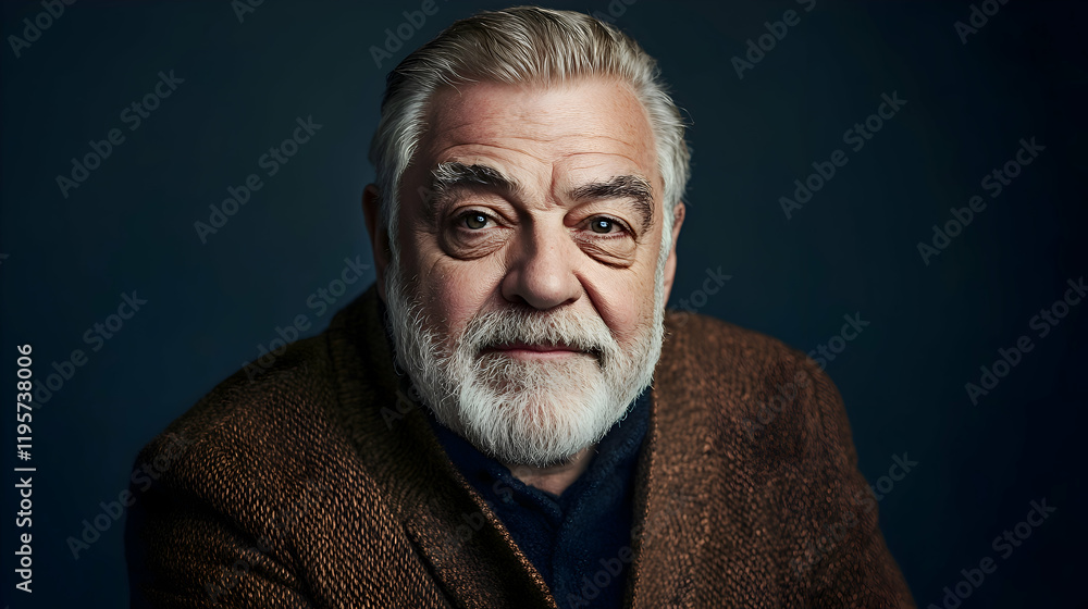 Older male actor with classic expression, dark blue background with ...