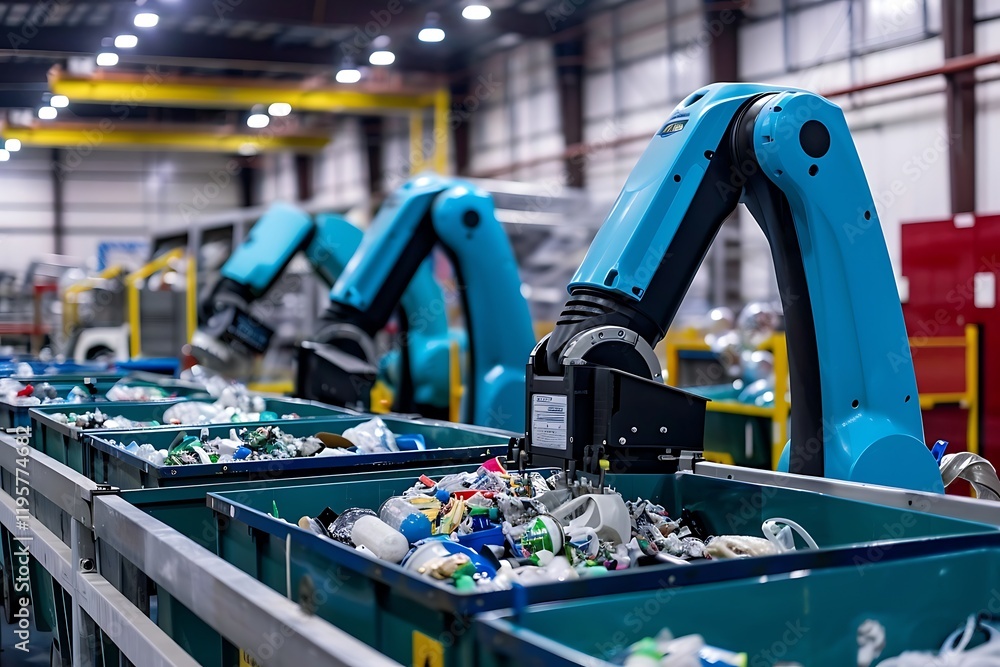 Robotic arms sort mixed plastic waste into bins on a conveyor belt in a modern recycling ...