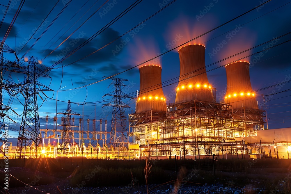 Illuminated power plant at night with three large cooling towers, high ...