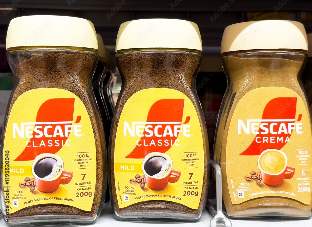 Nescafe classic and crema instant coffee jars on store shelf Stock ...