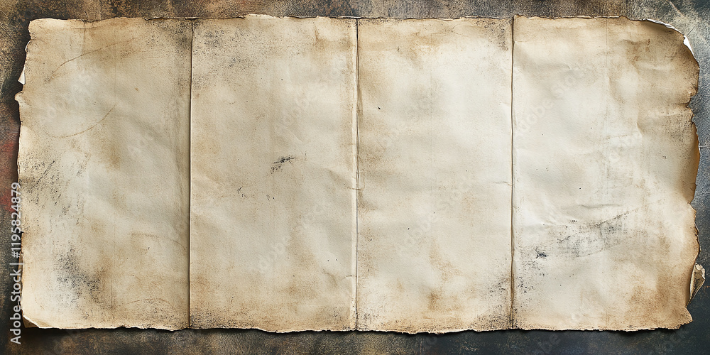Aged, wrinkled, and stained paper texture displaying prominent creases ...