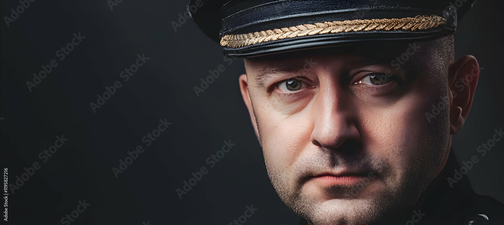 Police officer in a relaxed pose, plain background, negative space ...