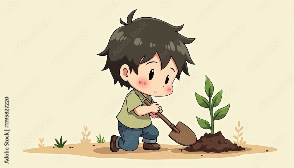 4K HD Wallpaper of Anime chibi boy with a tiny shovel, digging a hole ...