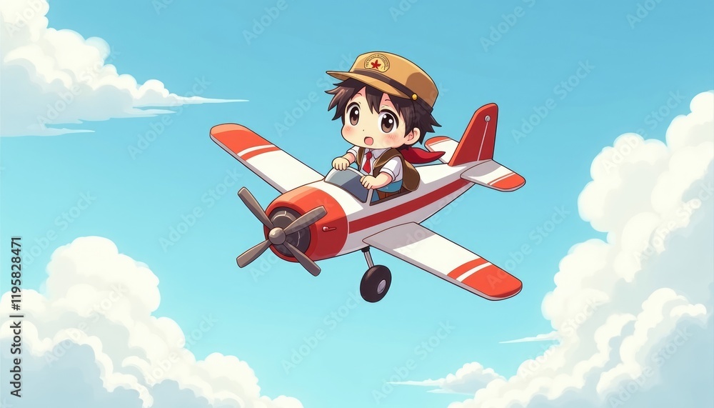 4K HD Wallpaper of Anime chibi boy in a pilot uniform, flying a small ...