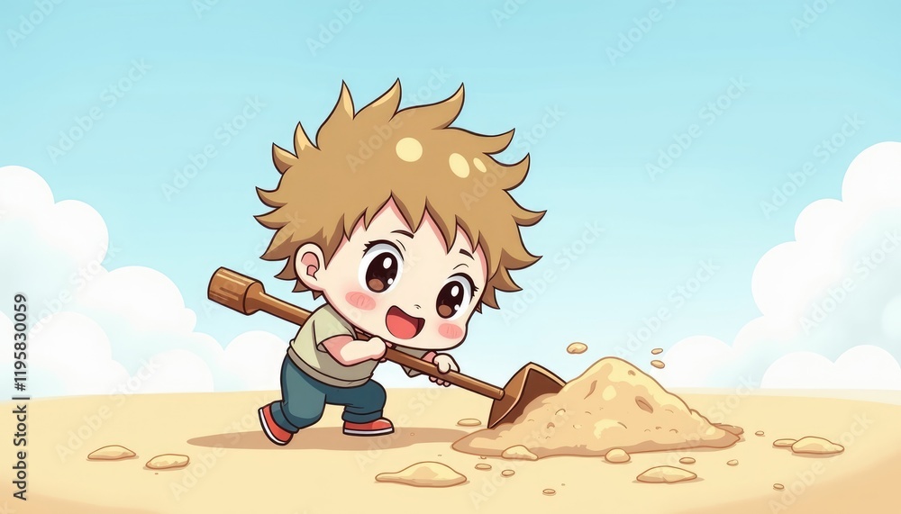 4K HD Wallpaper of Anime chibi boy with a tiny shovel, digging in the ...
