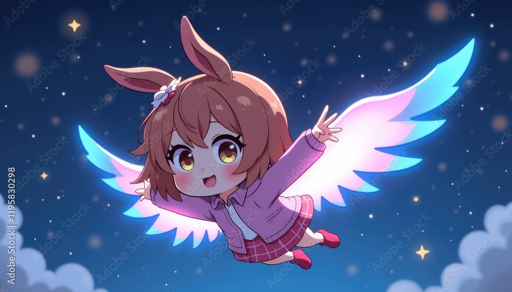 4K HD Wallpaper of Anime chibi character with glowing wings, flying ...