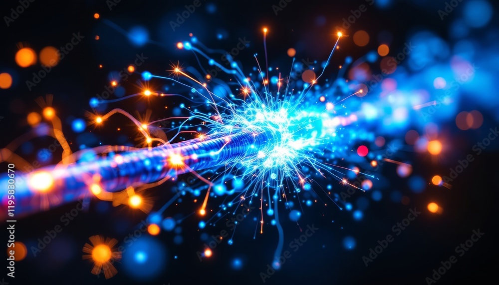 Dynamic visualization of electron flow through a wire, with blue particles and radiant sparks ...