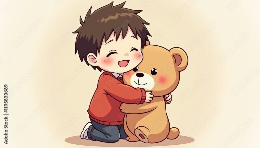 4K HD Wallpaper of Anime chibi boy in a red sweater, hugging a plush ...