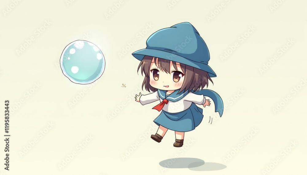 4K HD Wallpaper of Anime chibi girl with a blue hat, floating a bubble ...