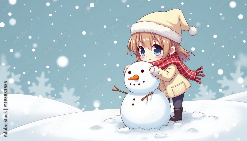 4K HD Wallpaper of Anime chibi girl with a snowflake scarf, building a ...
