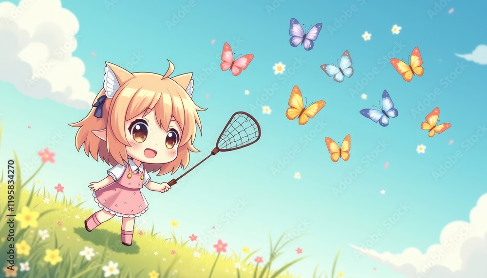4K HD Wallpaper of Anime chibi girl with a butterfly net, chasing ...