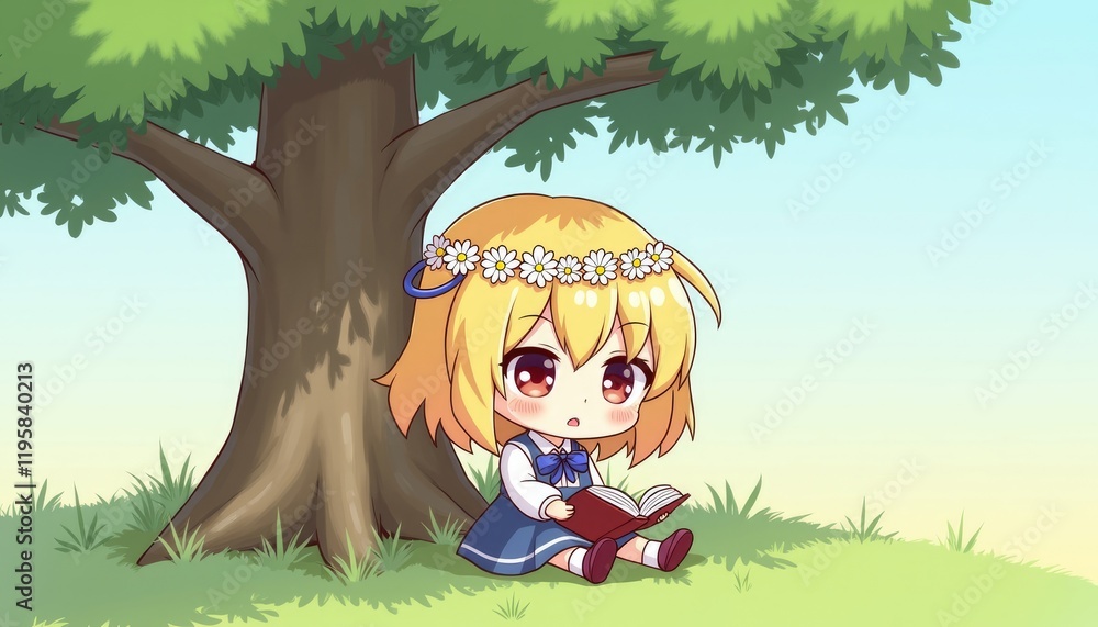 4K HD Wallpaper of Anime chibi girl with a daisy chain crown, sitting ...