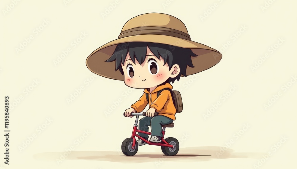 4K HD Wallpaper of Anime chibi boy with an oversized hat, riding a tiny ...