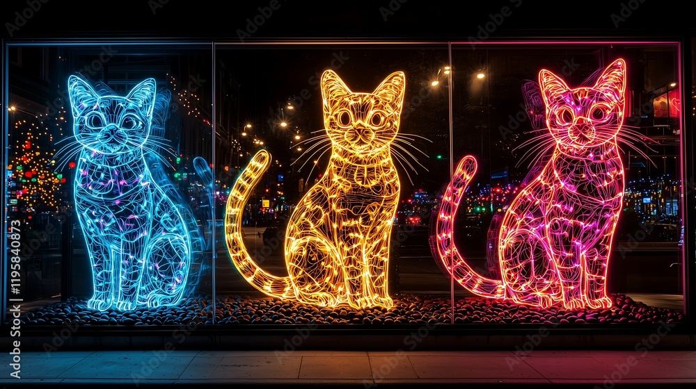 Neon Light Cats: Vibrant Trio in Red, Blue, and Yellow Glow, ネオンライトで描かれ ...