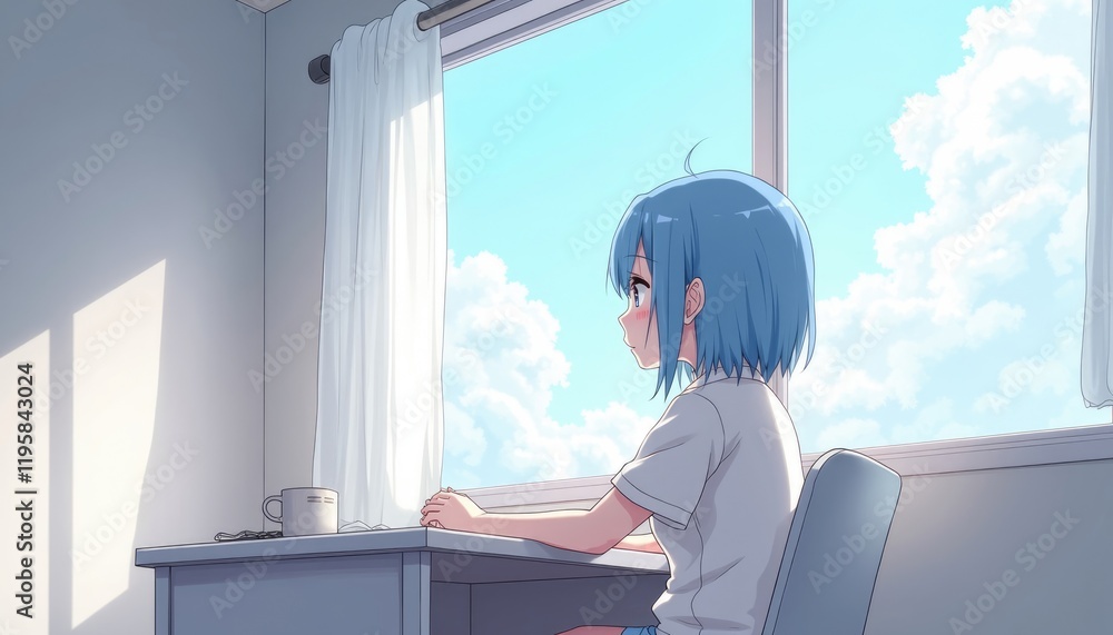 4K HD Wallpaper of An anime girl with short blue hair sitting at a ...