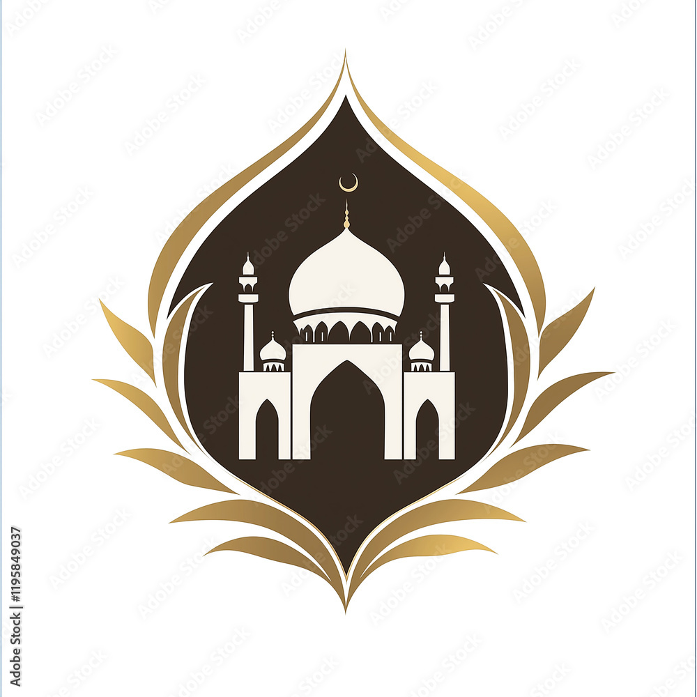 Mosque presenting islamic symbolism with golden frame on transparent ...