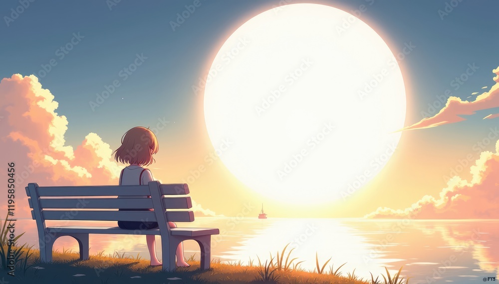 4K HD Wallpaper of An anime girl sitting on a white bench gazing at a ...
