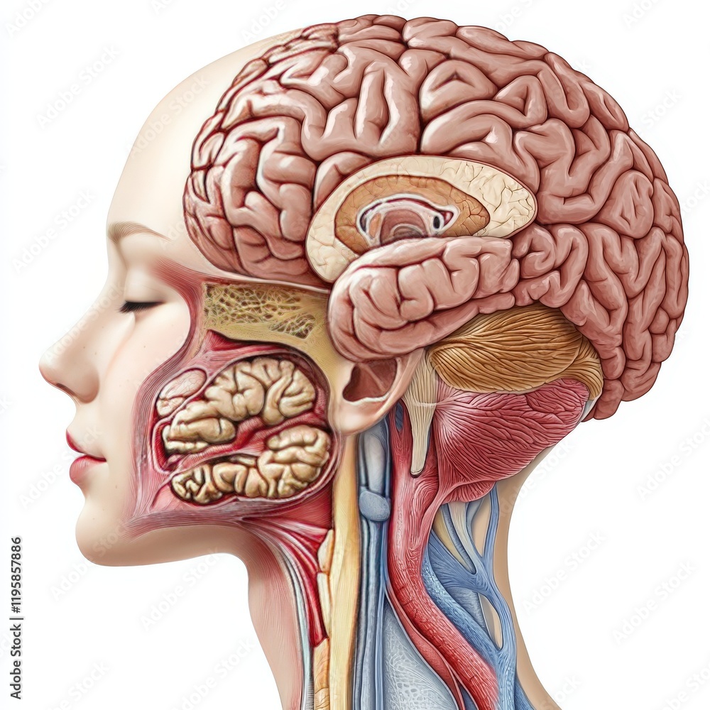 Anatomical diagram showcasing a cross section of a human brain with ...