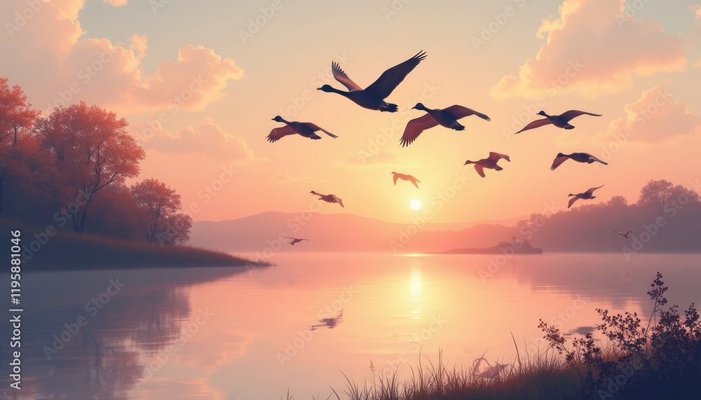 4K HD Wallpaper of A flock of geese flying over a reflective lake at ...