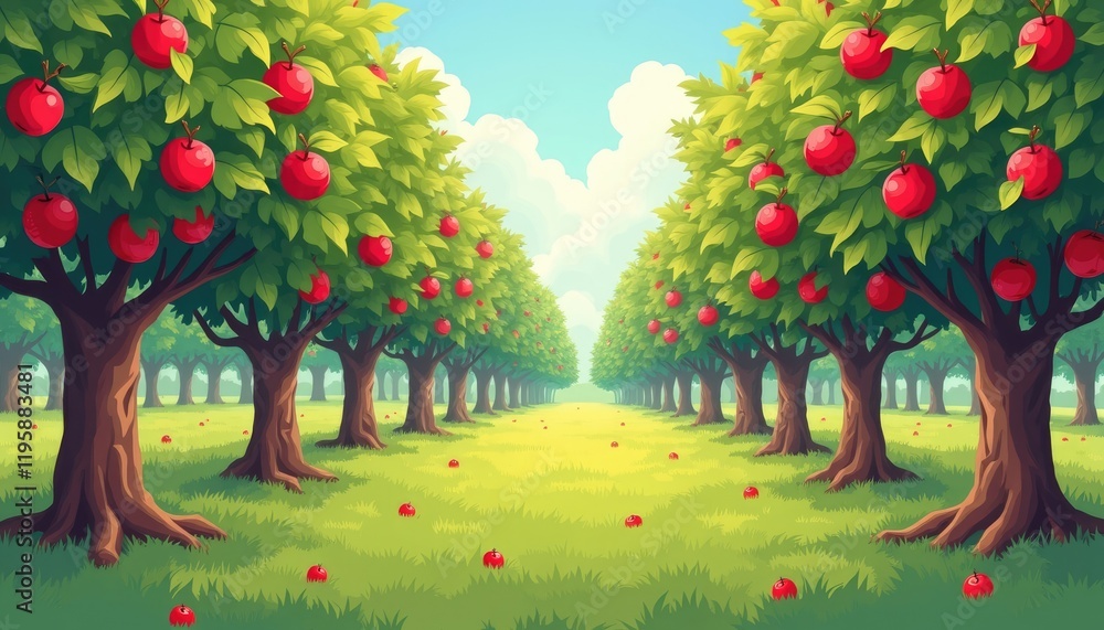 4K HD Wallpaper of A grove of apple trees with ripe red fruit. Anime ...