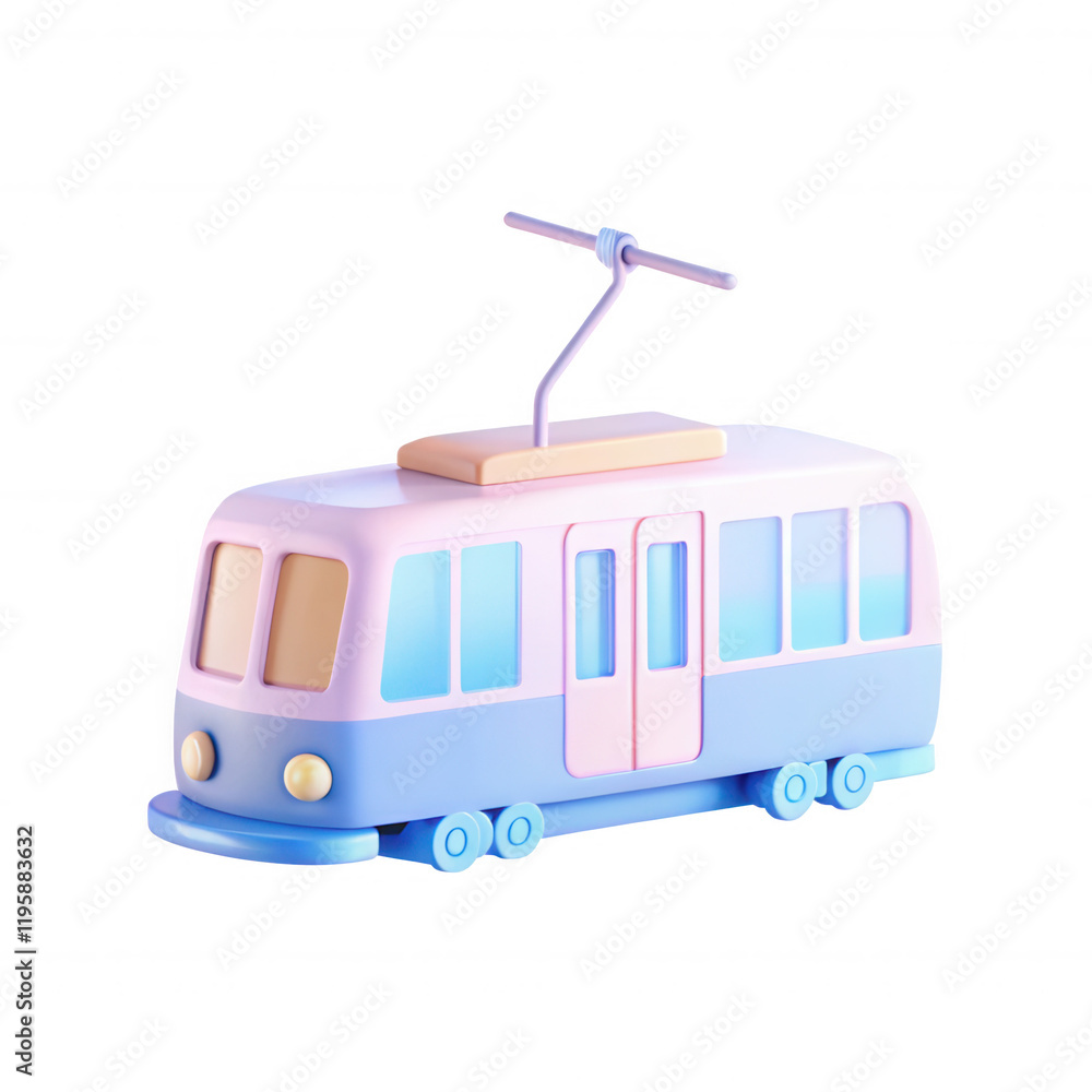 This 3D render showcases a colorful tram model with soft pastel colors ...