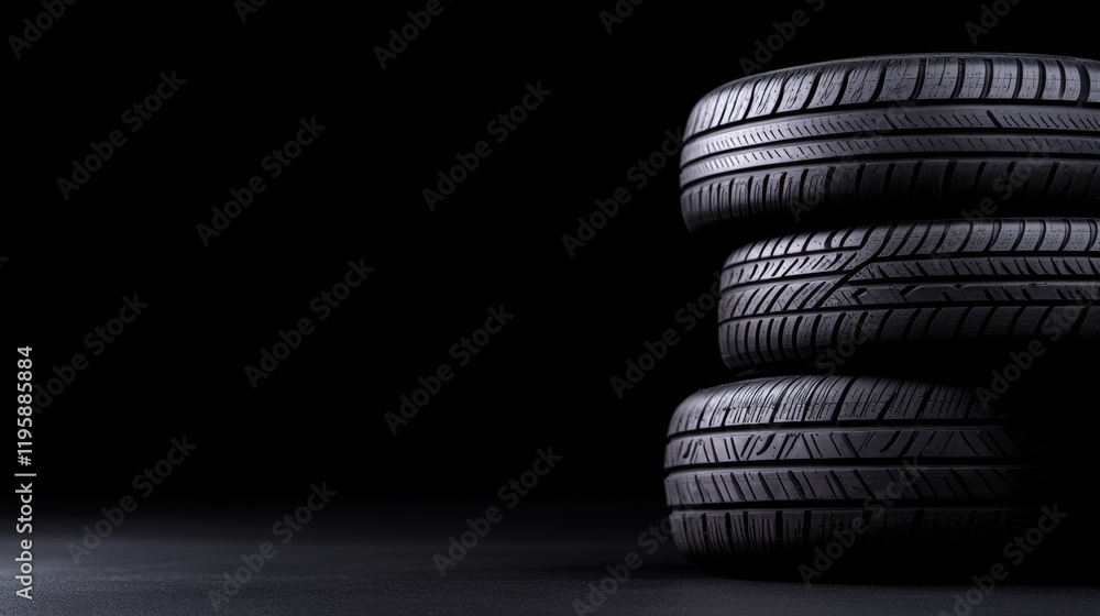 Three new tires stacked against a dark black background, highlighting their tread patterns in an ...