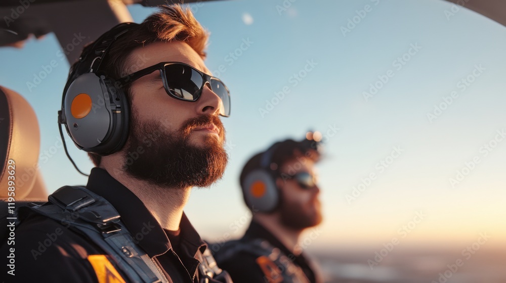 Two pilots wearing headsets and sunglasses work inside the cockpit of a ...