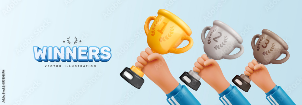 Three athletes hands holding gold, silver, and bronze cups. Set of ...