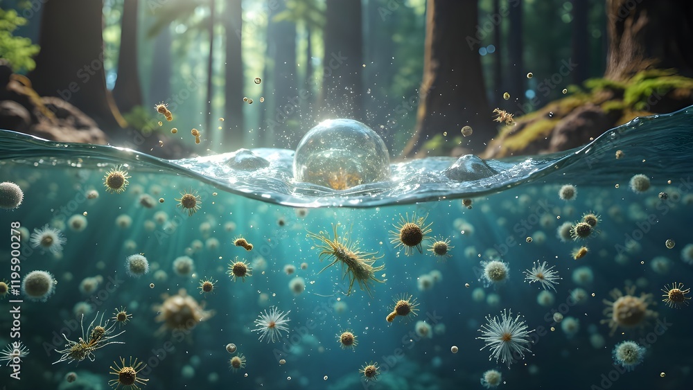 Above water, tall trees and sunlight filter through a serene forest ...