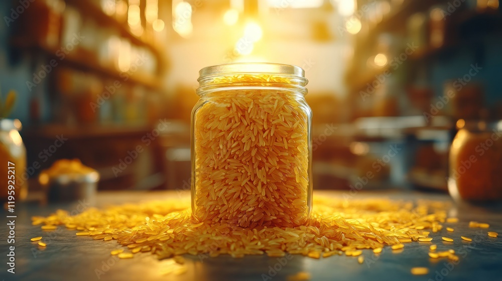 Golden rice jar, pantry backdrop, kitchen table, food photography Stock ...