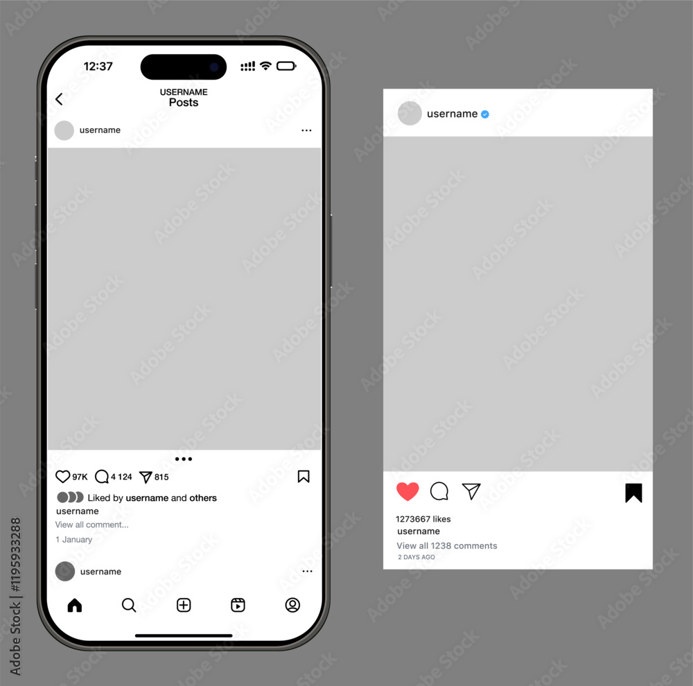 Instagram mockup. Set instagram screen social media and social network interface template. Stock ...