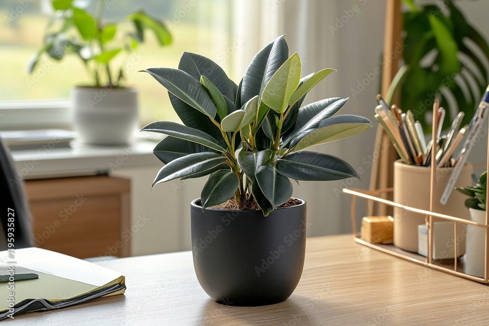 Rubber tree in sleek black pot adding fresh green aesthetic to modern ...