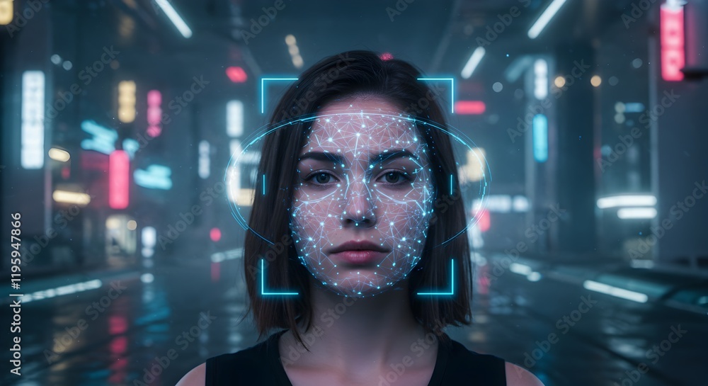 woman face and work of biometric identification system on dark blue ...