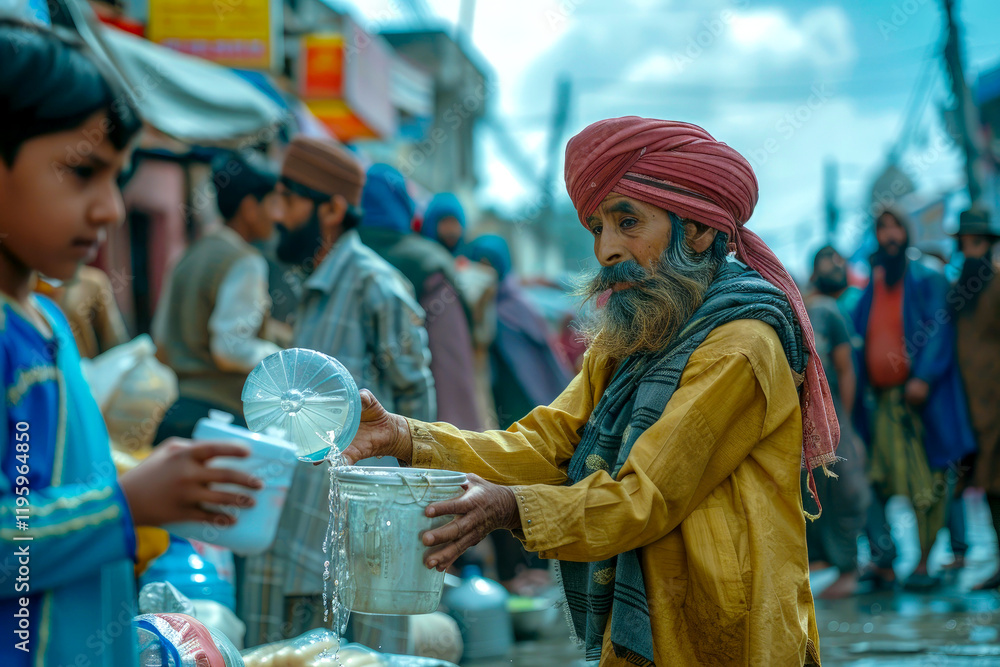 Amidst the bustling streets of Punjab, an Indian Sikh boy distributes ...