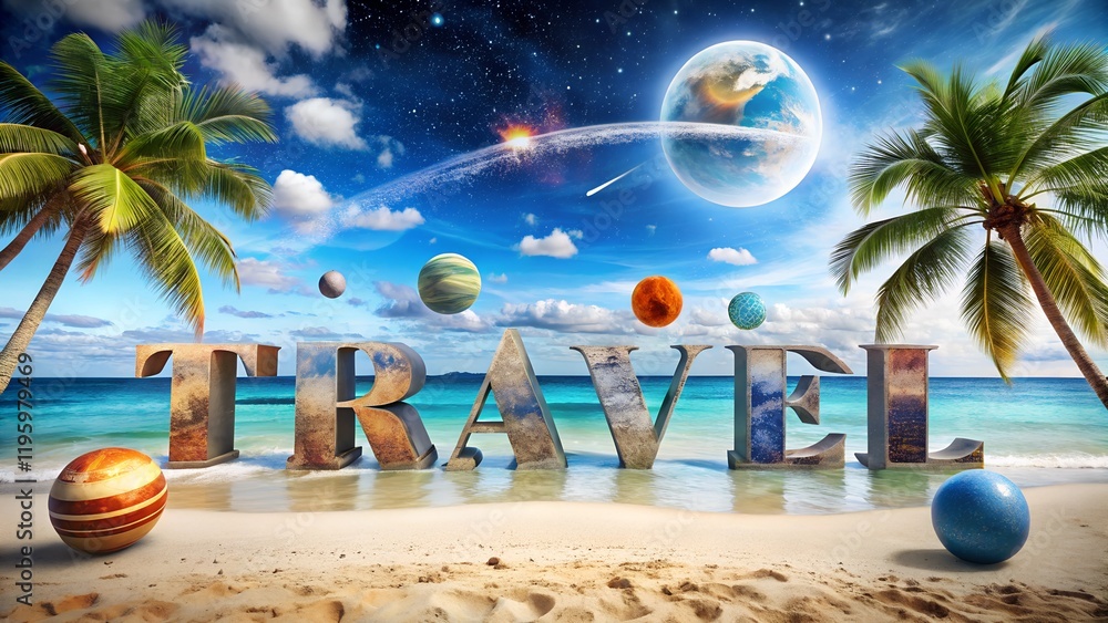 Word Travel agency logo Beach Ocean Sea Coast Palms Tourism Space Stars Cosmos Planets Earth ...