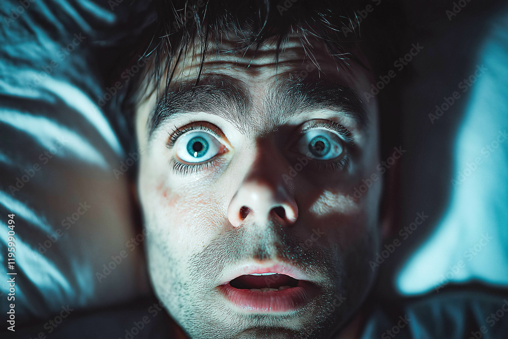 Man had a terrible nightmare, he woke up and looked scared with big ...