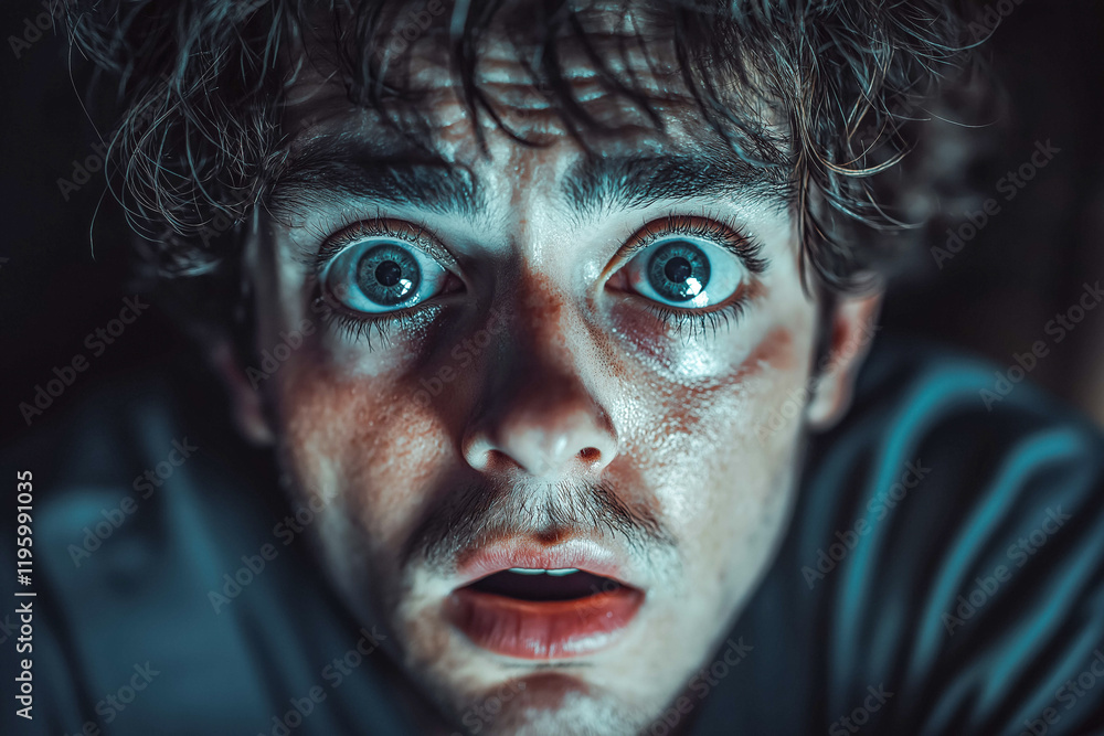 Man had a terrible nightmare, he woke up and looked scared with big ...
