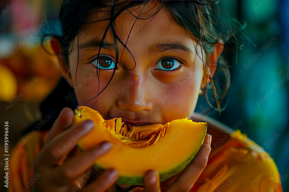 Amidst the fragrance of mangoes, an Indian girl savors a slice of keri ...