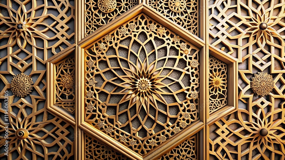 Black Islamic art, 3D creme mashrabiya, geometric. Stock Illustration ...