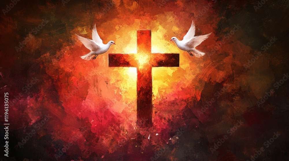 Conceptual graphic of glowing Christian cross with three white doves ...
