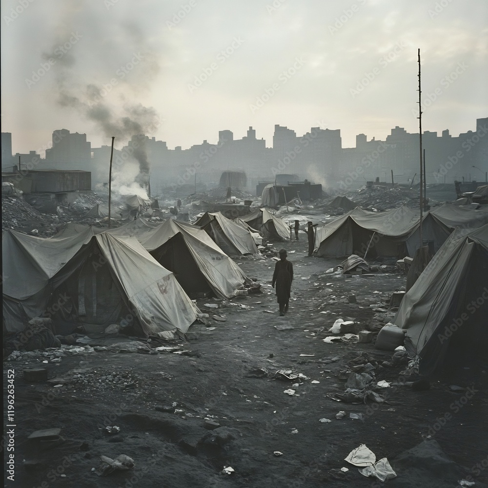 Tent City in the Shadows of Decaying Cityscape People Seeking Refuge ...