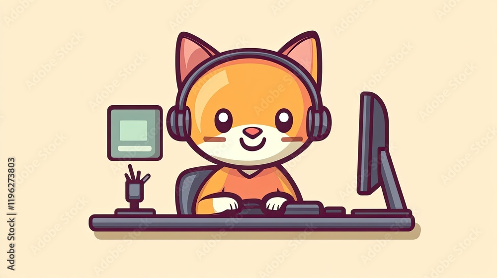 Cute cat gamer wearing headphones at desk, using computer, pastel ...