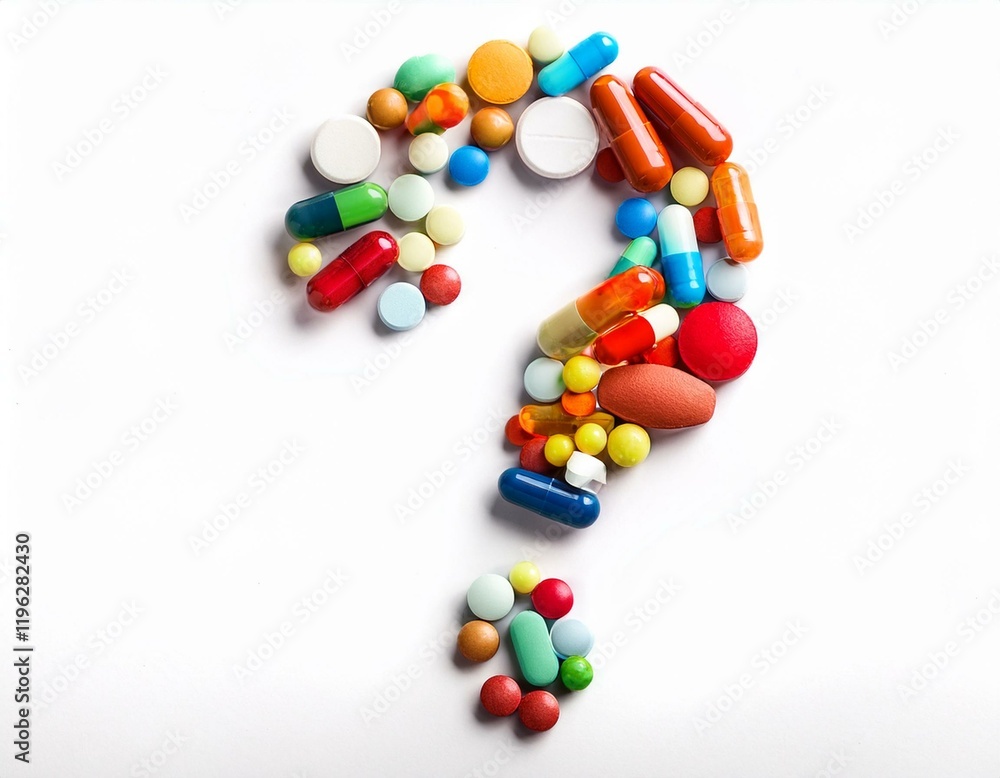 lots of pills of many colors and sizes formed into a question mark ...