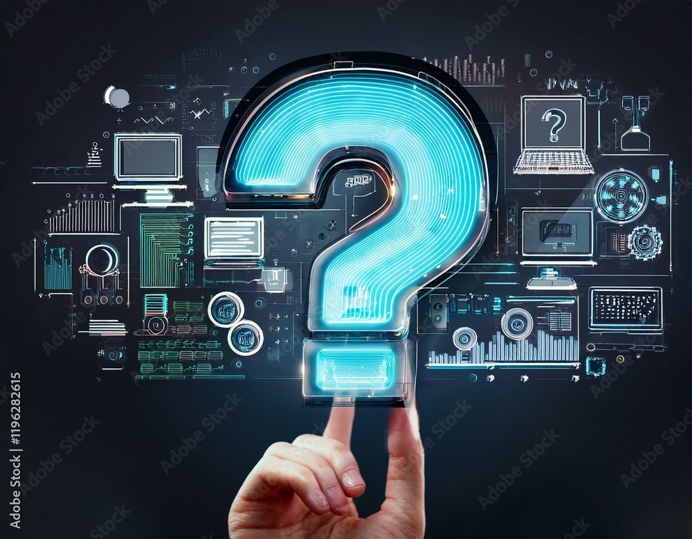 Question mark with a human hand showing the technology graphics Stock ...