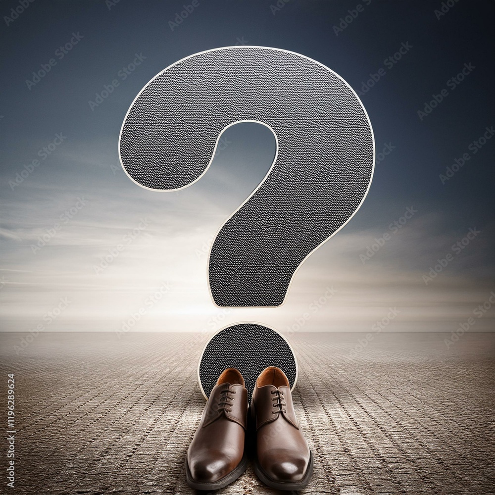 sky background with large gray question mark and a pair of business ...