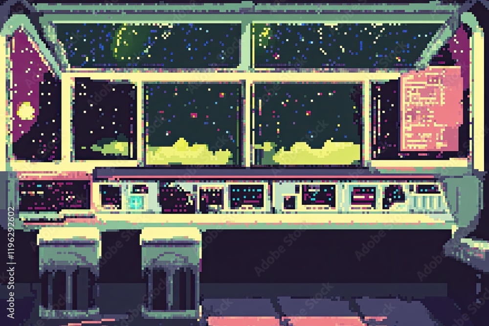 Retro Pixel Art Spaceship Control Panel Futuristic Spacecraft Cockpit Interface 8 bit Game ...